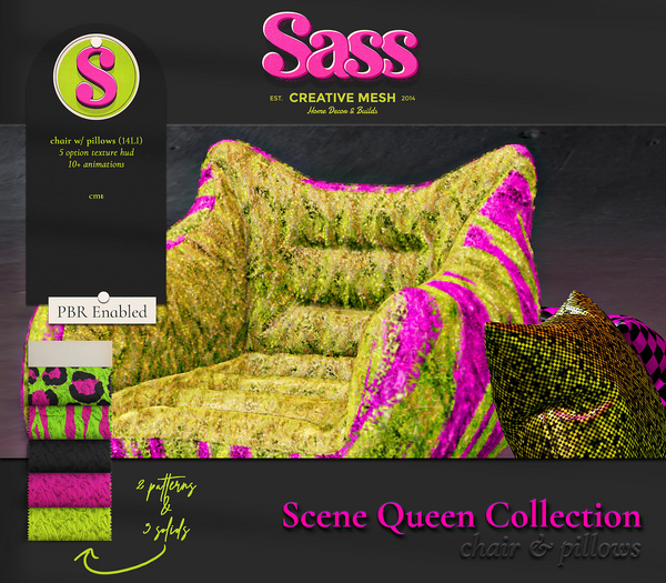 Second Life Marketplace - Sass [Scene Queen Collection] Chair & Pillows